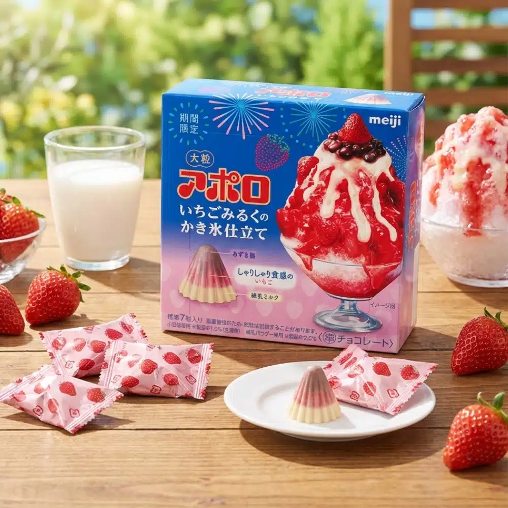Meiji Large Apollo Chocolate Strawberry Milk Shaved Ice | Snack Affair